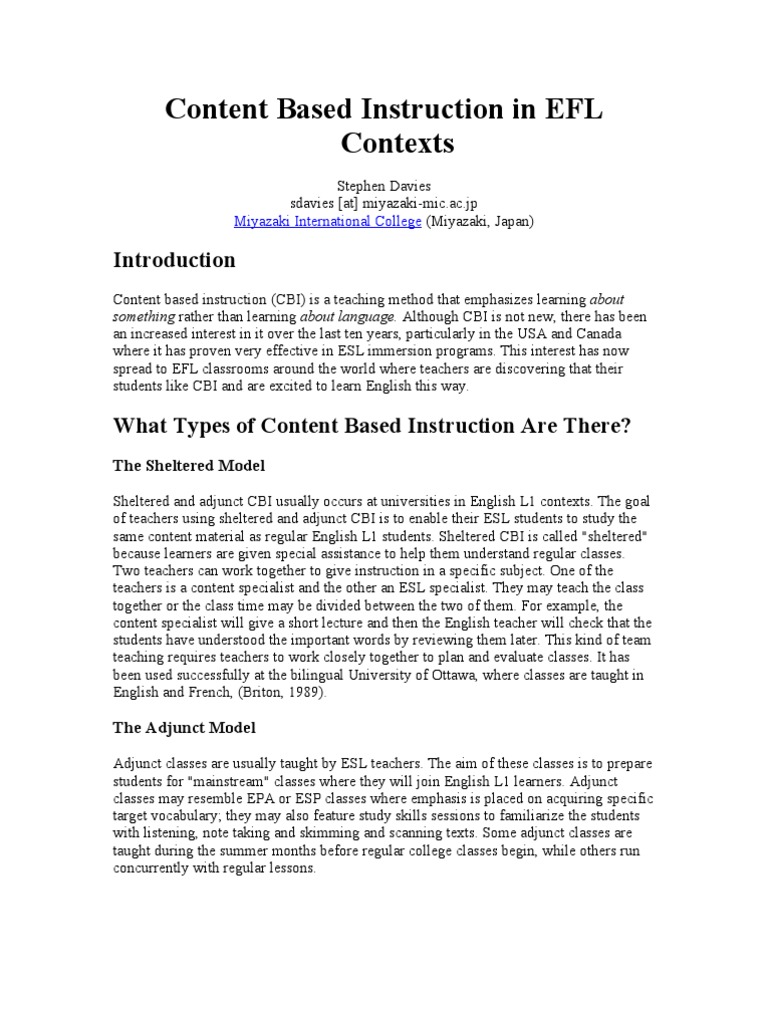 Content Based Instruction in EFL Contexts | PDF | English As A Second ...