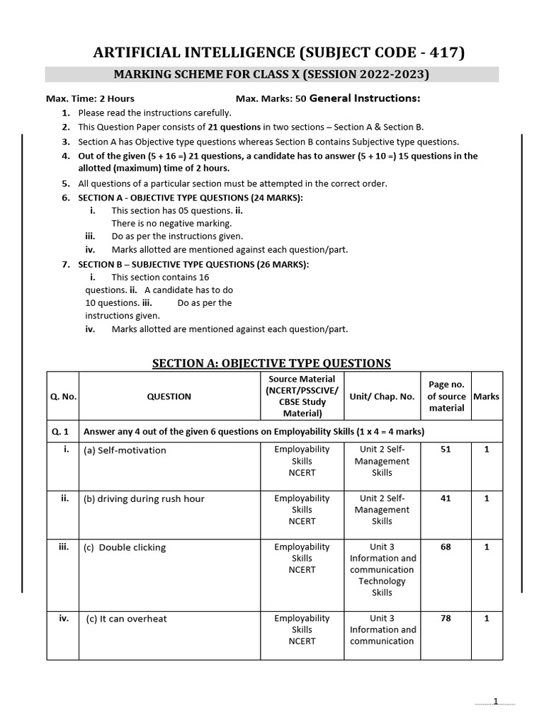 Class 10 AI Marking Scheme 2022-23 | PDF | Artificial Neural Network ...