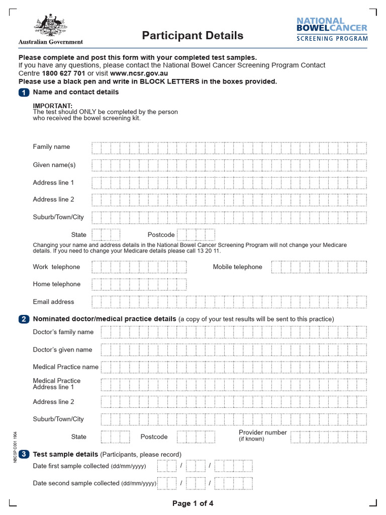 National Bowel Cancer Screening Program Participant Details Form | PDF ...