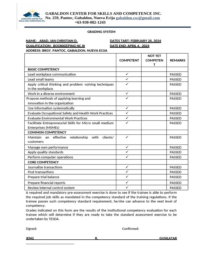 Bookkeeping NC III Trainee Evaluation | PDF | Occupational Safety And ...