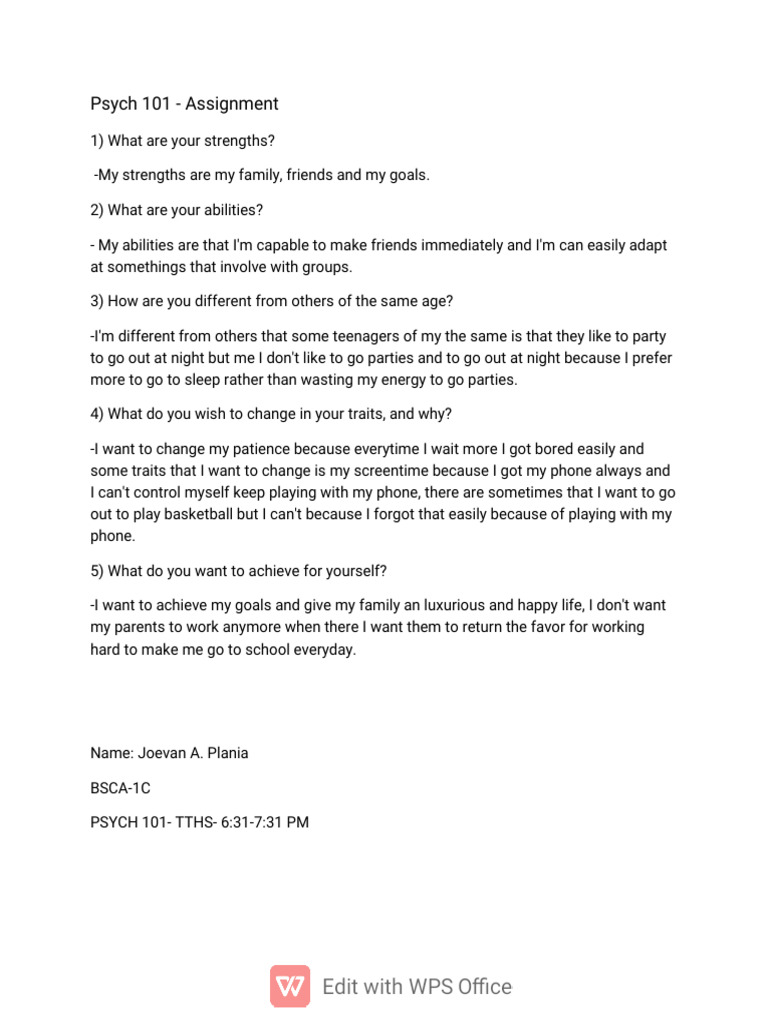 Psych 101 - Activity 1. Introduction - Plania, Joevan | PDF | Lifestyle