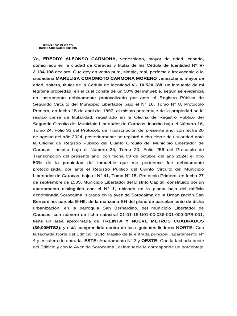 Documento de Compra Venta Definitivo Marelisa Carmona | PDF | Ley de bienes inmuebles