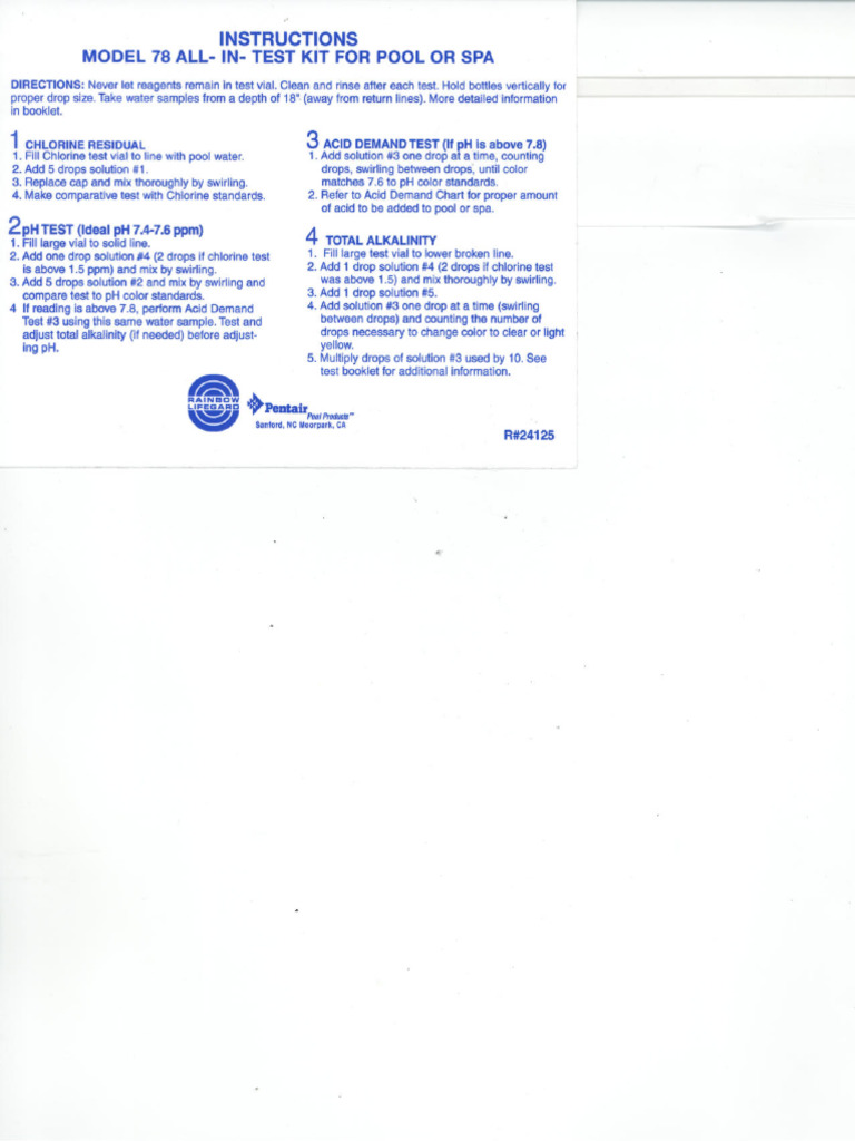 Pentair Test Kit 4-1 Instructions Sheet | PDF