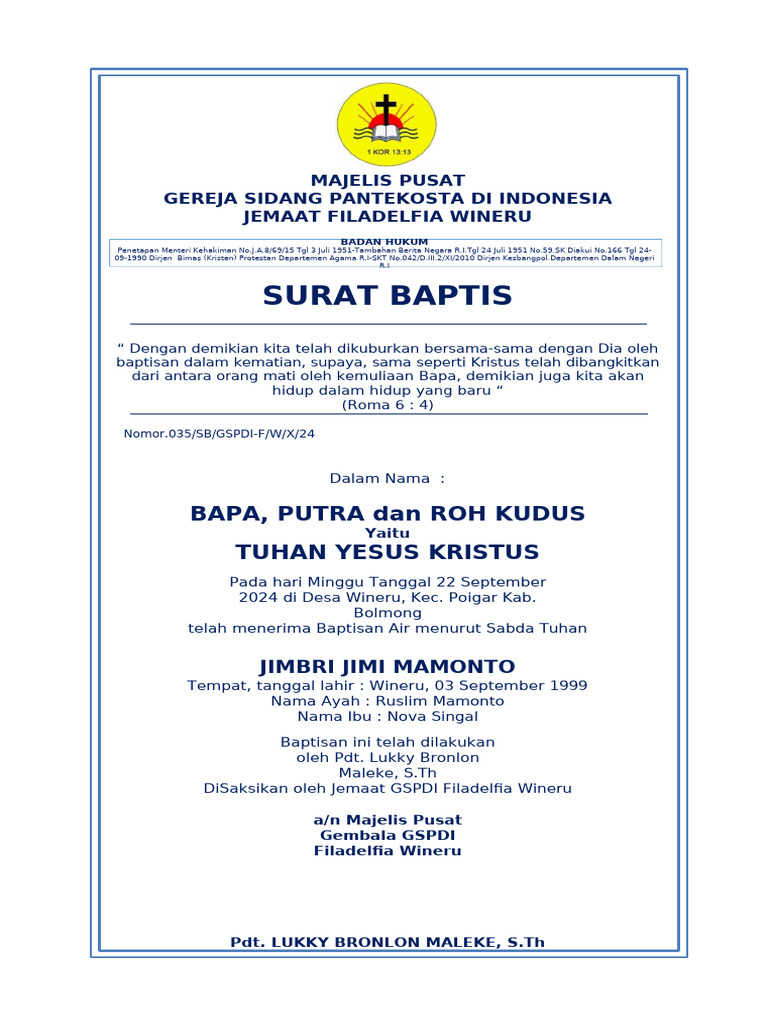 SURAT Baptis GBL Luki | PDF | Agama & Spiritualitas