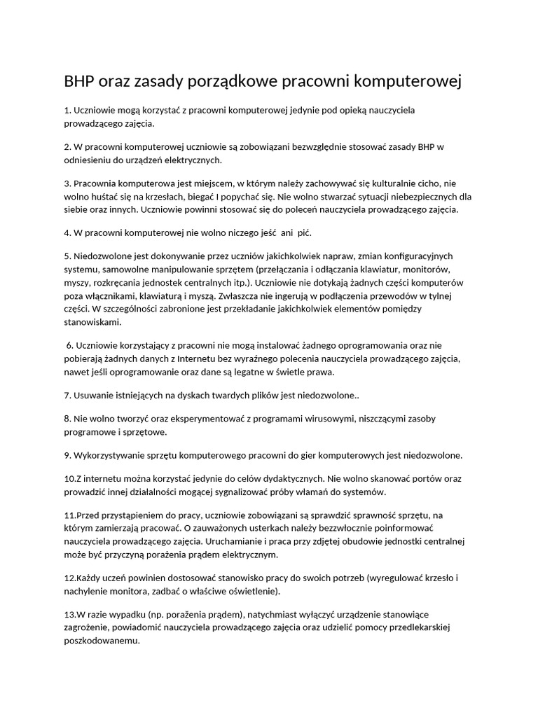 BHP Oraz Zasady Porządkowe Pracowni Komputerowej | PDF
