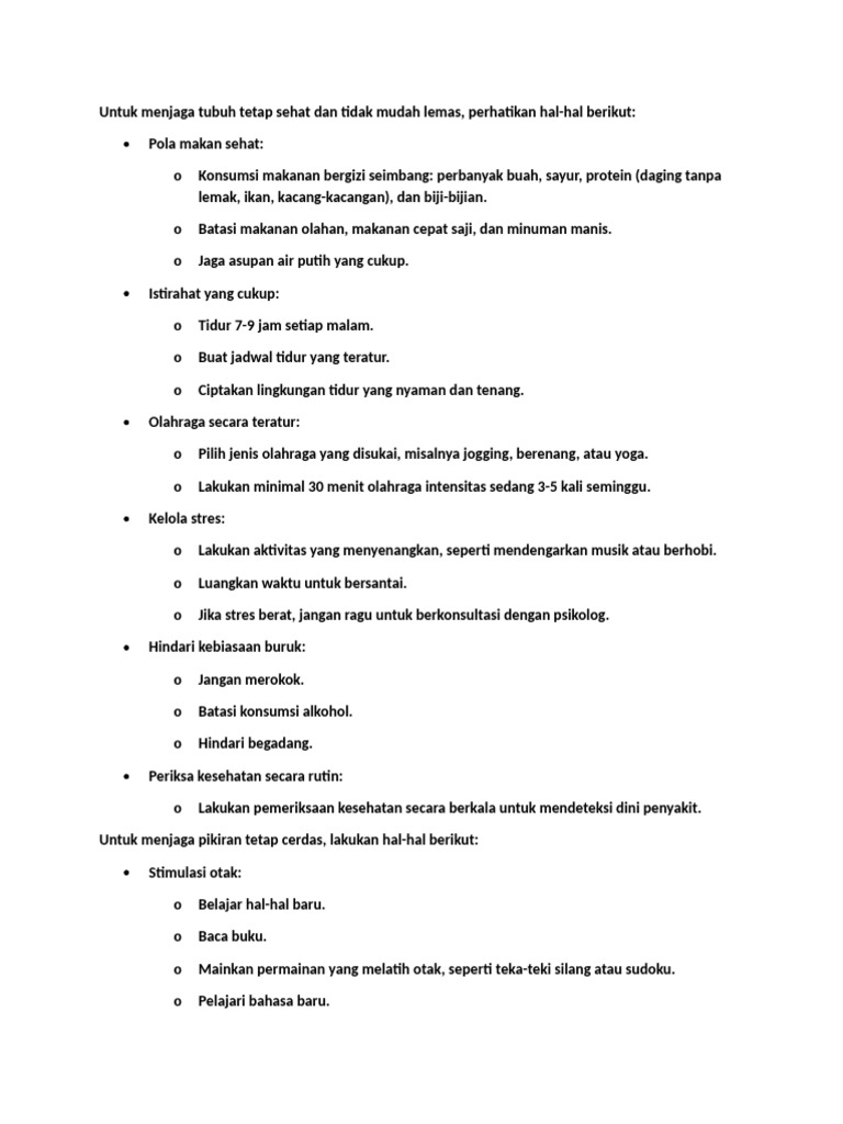 Untuk Menjaga Tubuh Tetap Sehat Dan Tidak Mudah Lemas, Perhatikan Hal-Hal Berikut | PDF