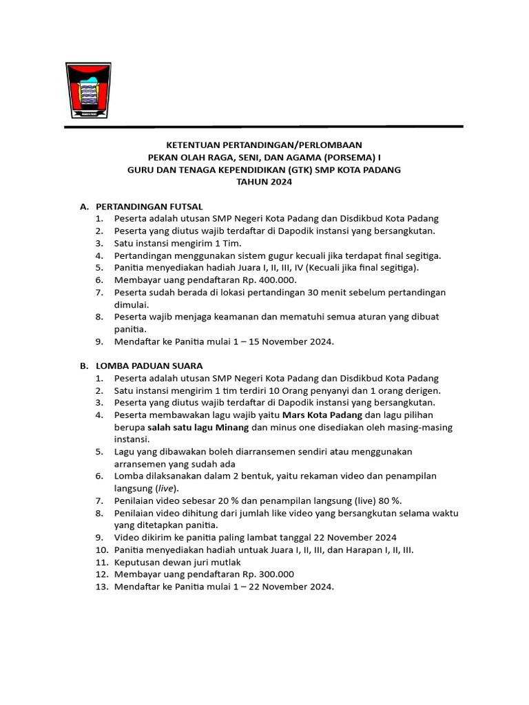 Ketentuan Lomba PORSEMA 2024 SMP Padang | PDF | Olahraga & Rekreasi | Seni