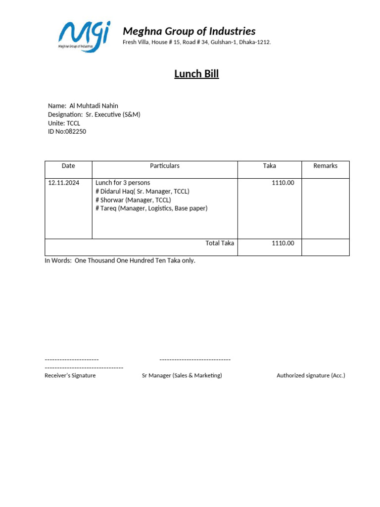 Meghna Group Lunch Bill Receipt | PDF