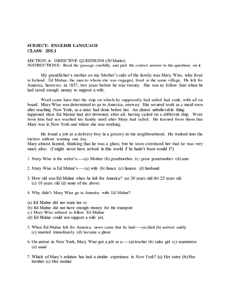 English Language Jss 1 Question | PDF