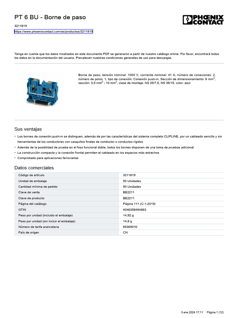 Datasheet Borne de Paso PHOENIX CONTACT 3211819 | PDF | Ingeniería de ...