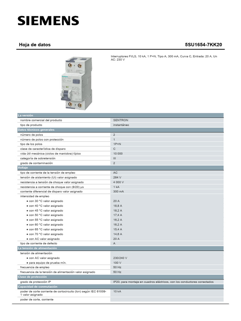 Datasheet Interruptor Diferencial SIEMENS 5SU1654-7KK20 | PDF | voltaje ...