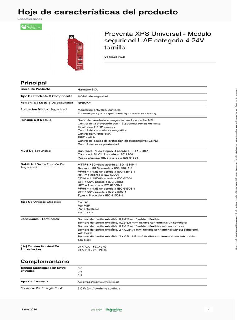 Datasheet Módulo de Seguridad SCHNEIDER Harmony XPSUAF13AP | PDF ...