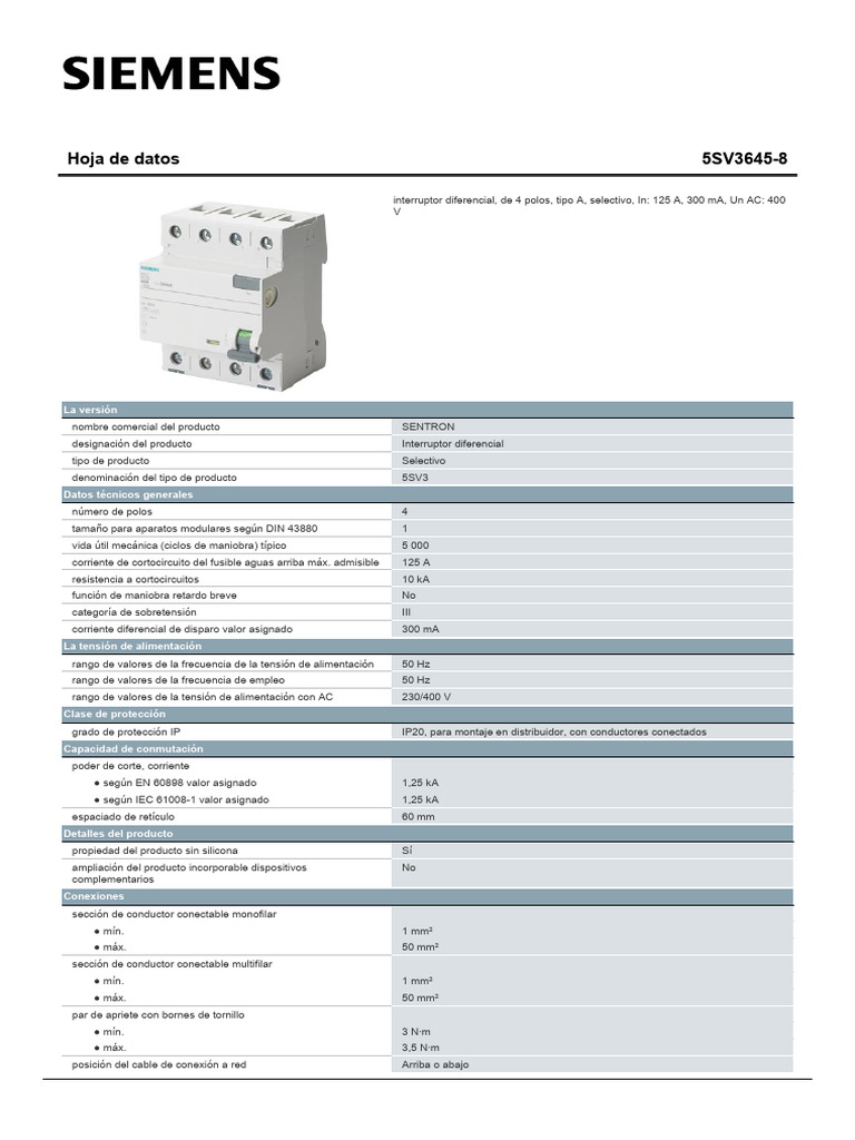 Datasheet Interruptor Diferencial 125A SIEMENS 5SV36458 | PDF | Cambiar ...