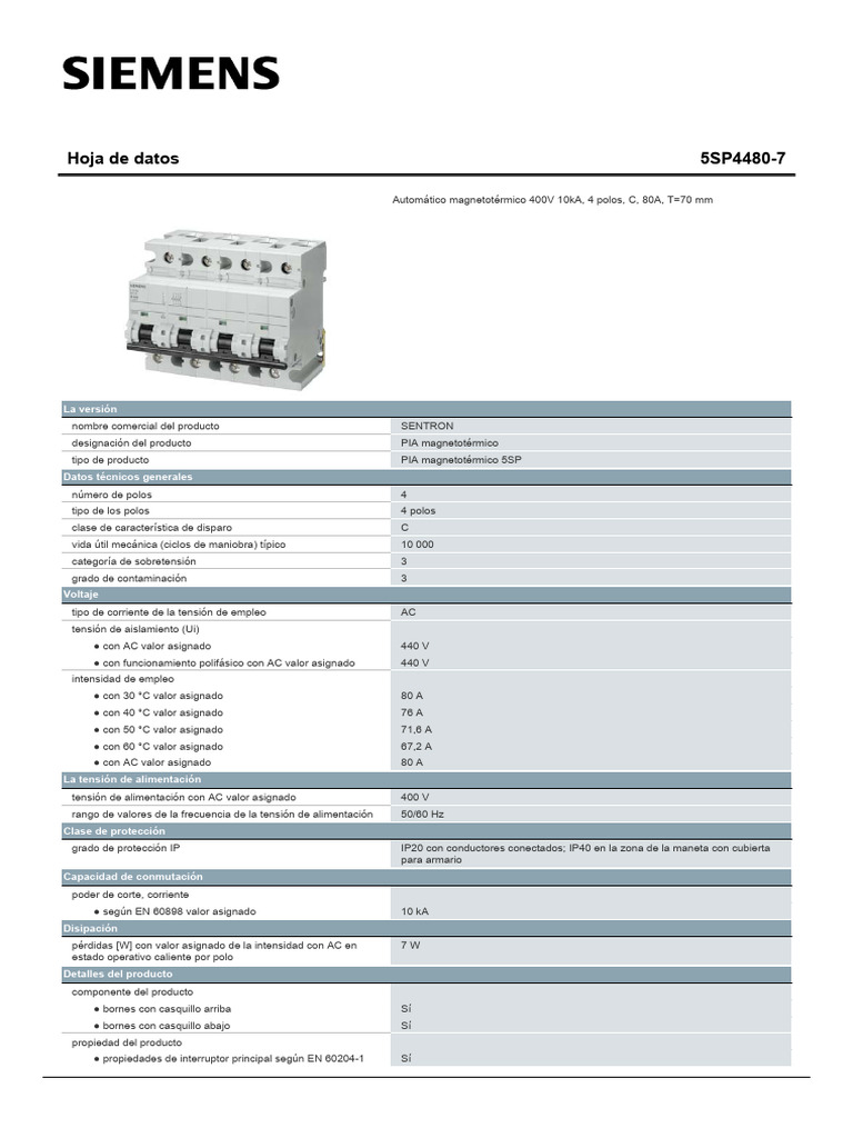 Datasheet Interruptor Magnetotérmico SIEMENS 5SP4480-7 | PDF ...