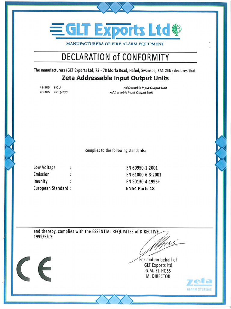 Declaration of Conformity - Zeta Addressable Input Output Units | PDF