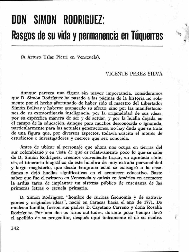 Don Simon Rodriguez: Rasgos de Su Vida y Permanencia en Túquerres | PDF