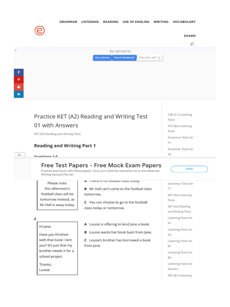 Practice KET (A2) Reading and Writing Test 01 With Answers - English ...