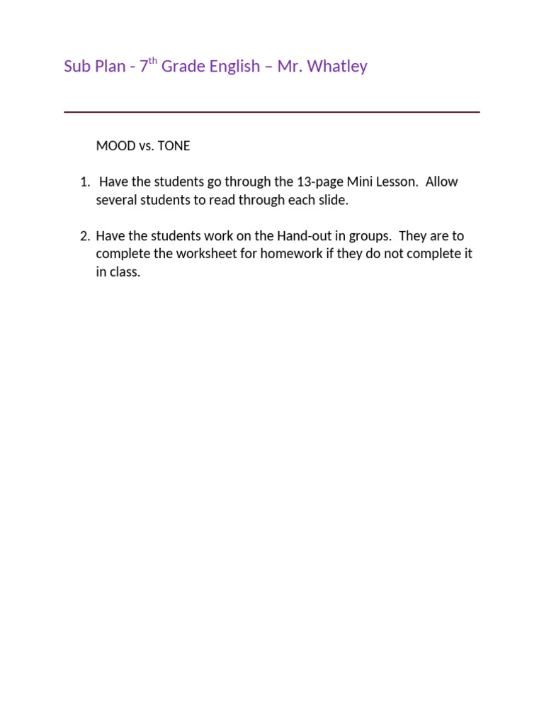 7th Grade Sub Plan - Mood vs. Tone | PDF