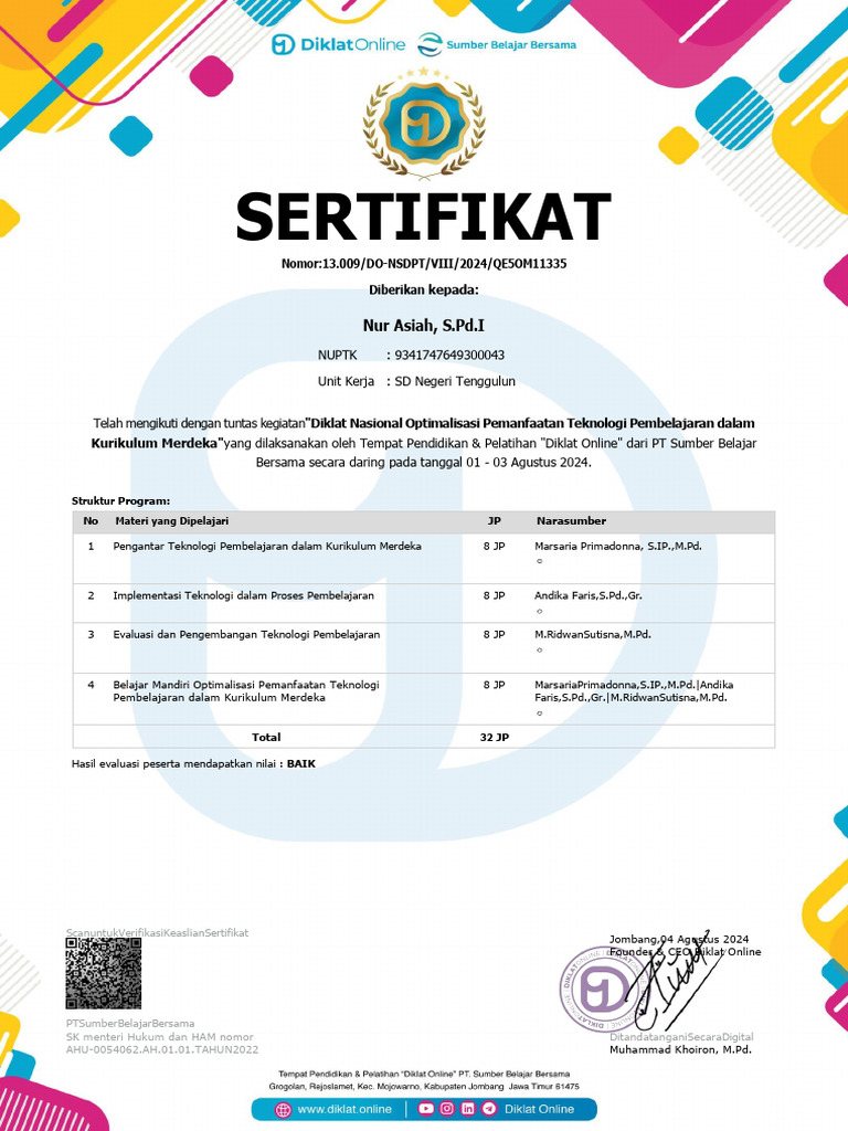 Sertifikat Webinar Nur Asiah TGL 1-3 Agustus 2024 | PDF
