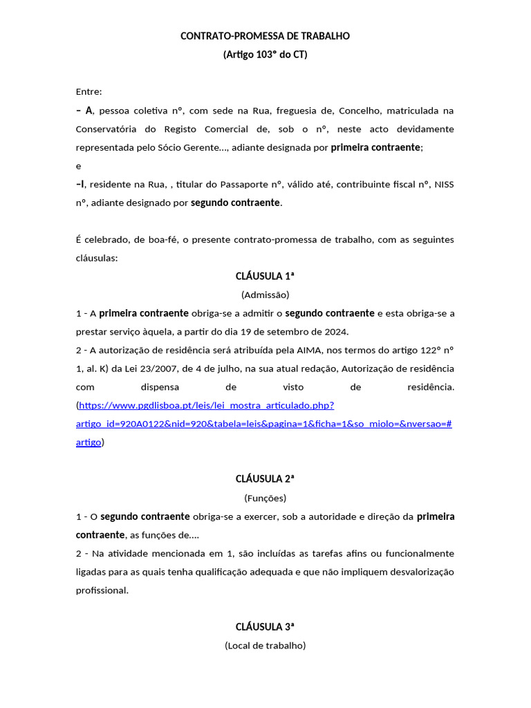 Minuta Contrato Promessa de Trabalho | PDF | Férias trabalhistas