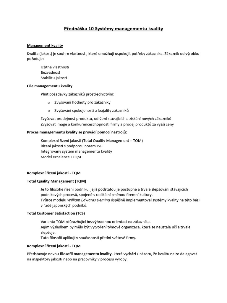 Prednaska 10 Systemy Managementu Kvality | PDF