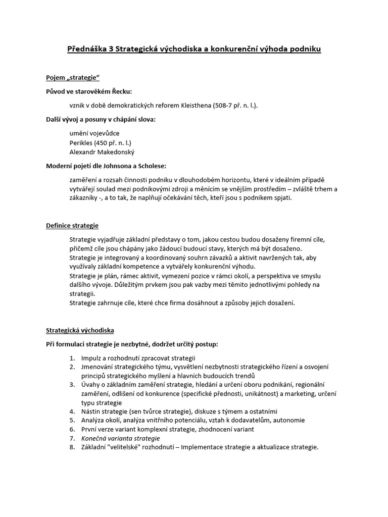 Prednaska 03 Strategicka Vychodiska A Konkurencni Vyhoda Podniku | PDF