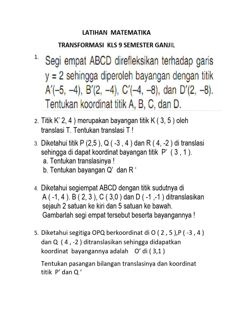 Latihan MTK Transformasi KLS 9 Sem 1 | PDF | Seni | Sains & Matematika