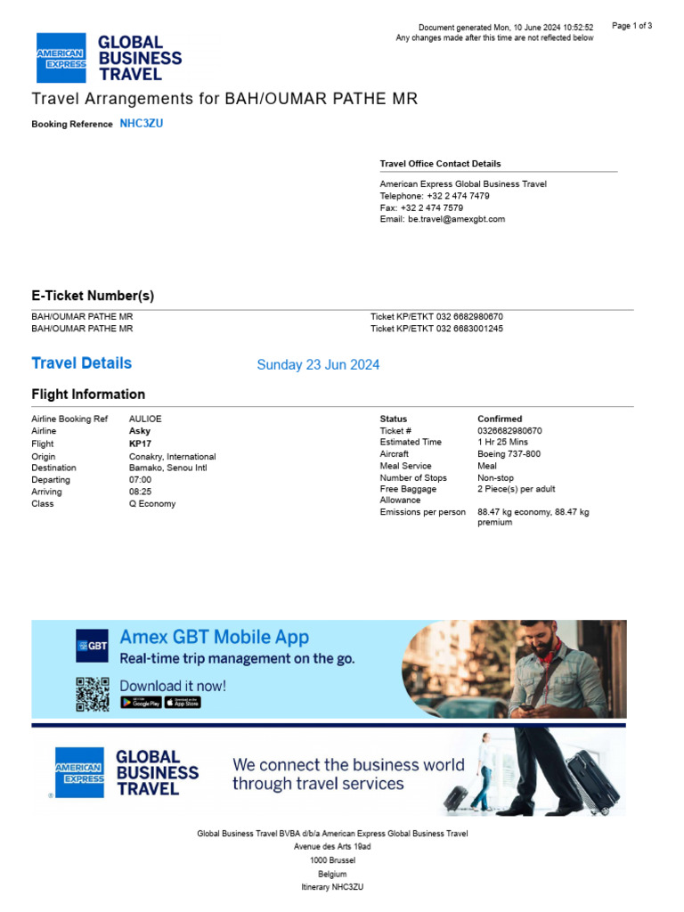 Travel Itinerary for Bah Oumar Pathe | PDF | Fare | Fee