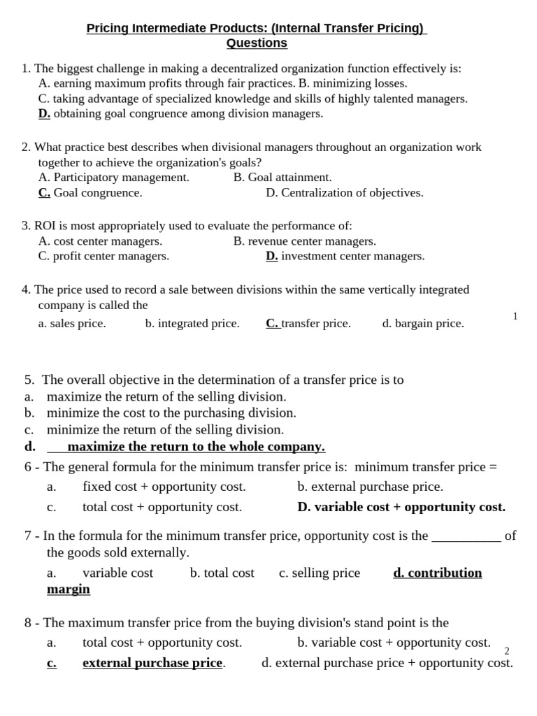 Transfer Pricing Questions | PDF | Profit (Economics) | Prices