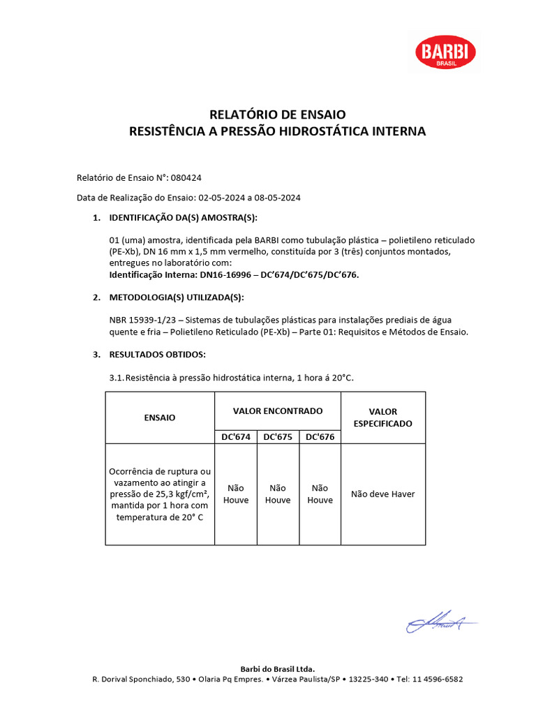 Relatório de Ensaio PEX BARBI 16mm VR. | PDF | Casa e Jardim
