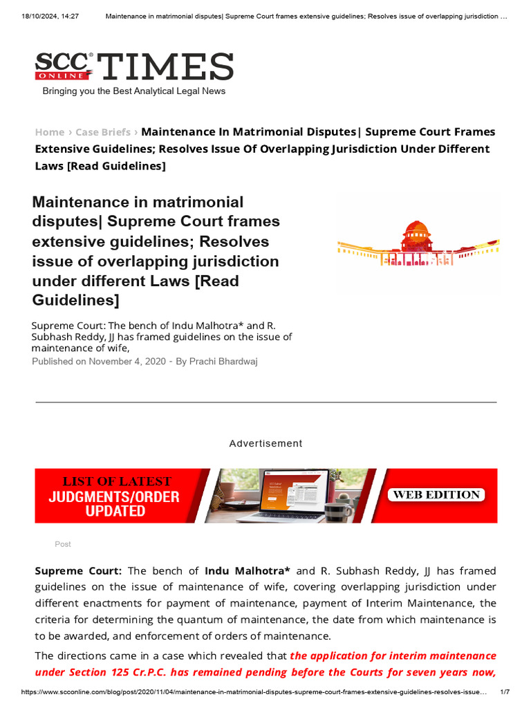 Maintenance in Matrimonial Disputes - Supreme Court Frames Extensive ...