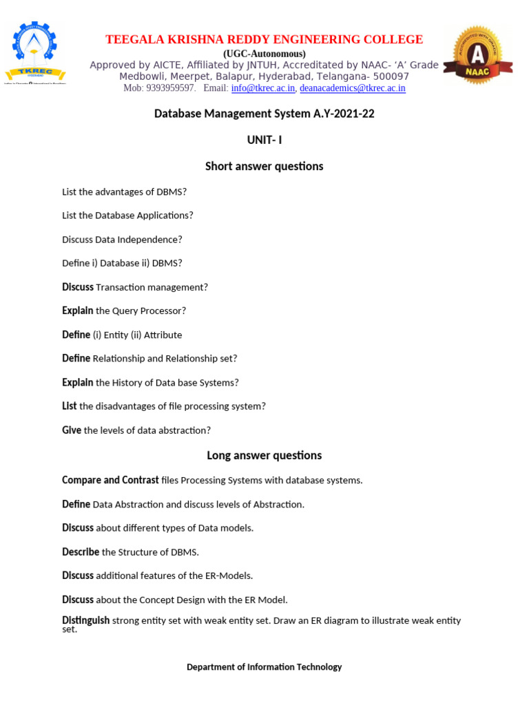 Imp Que Unit Wise College | PDF | Relational Model | Databases