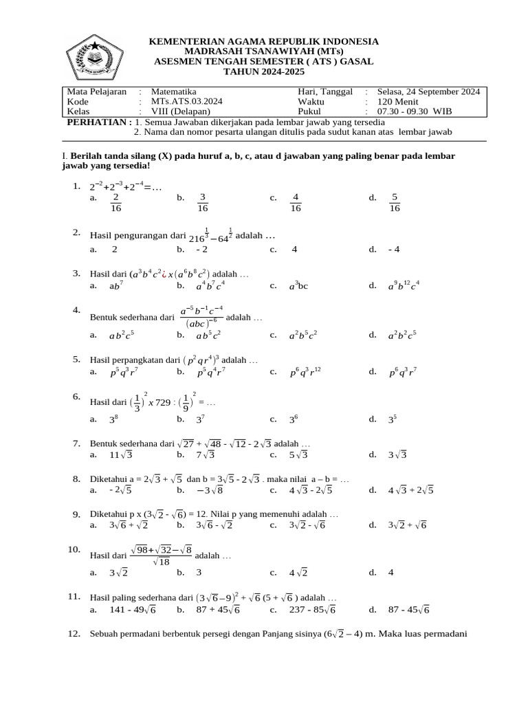 Soal ATS Matematika 2024 R | PDF