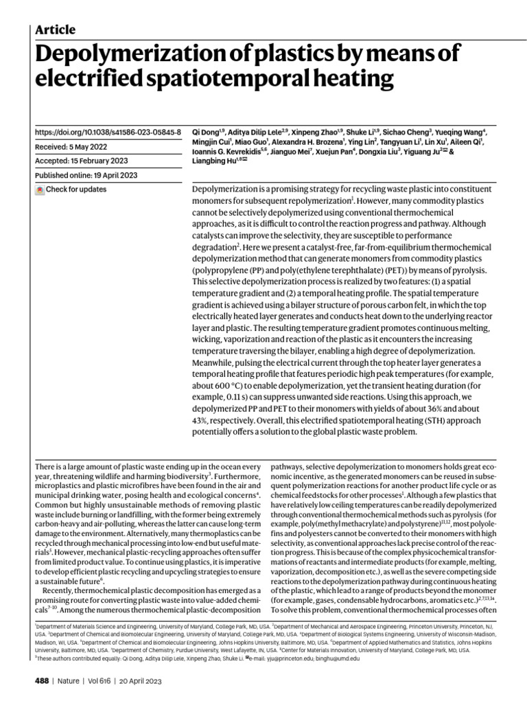Depolymerization of Plastics by Means of Electrified Spatiotemporal ...