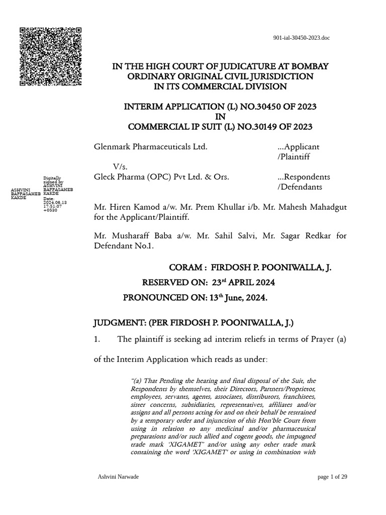 Glenmark Pharmaceuticals LTD Vs Gleck Pharma Opc PVT LTD Ors 544938 ...