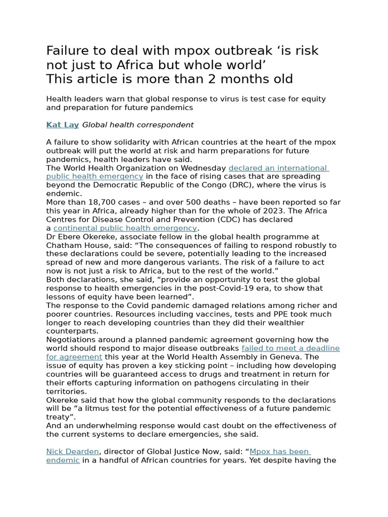 Failure To Deal With Mpox Outbreak Is Risk Not Just To Africa But Whole ...