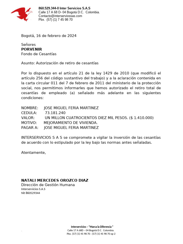 Carta Interservicios Jose Feria Cartagena | PDF | Finanzas y ... Carta Interservicios Jose Feria Cartagena | PDF | Finanzas y ...