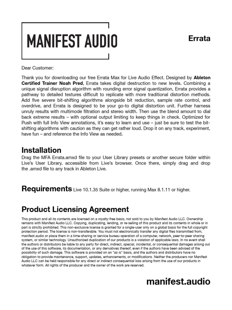MFA Errata License + Manual | PDF | Computer File | Digital Technology