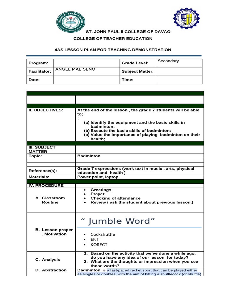 4 As Lesson Plan Format Angel Seno Demo 22 Pdf