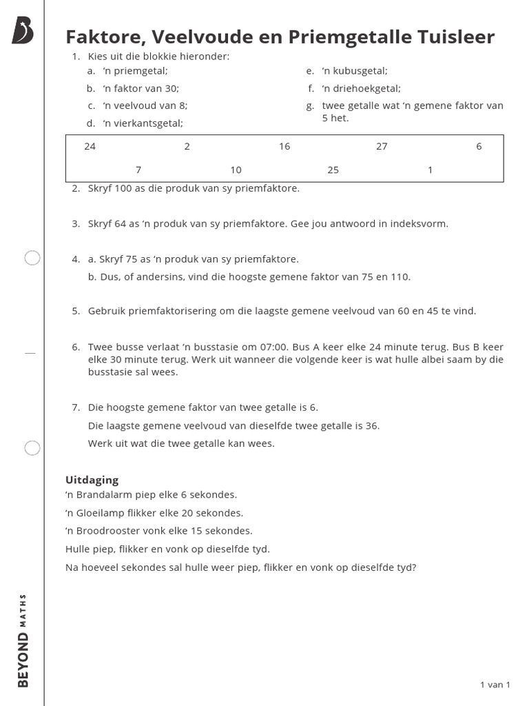 Faktore, Veelvoude en Priemgetalle Tuisleer | PDF