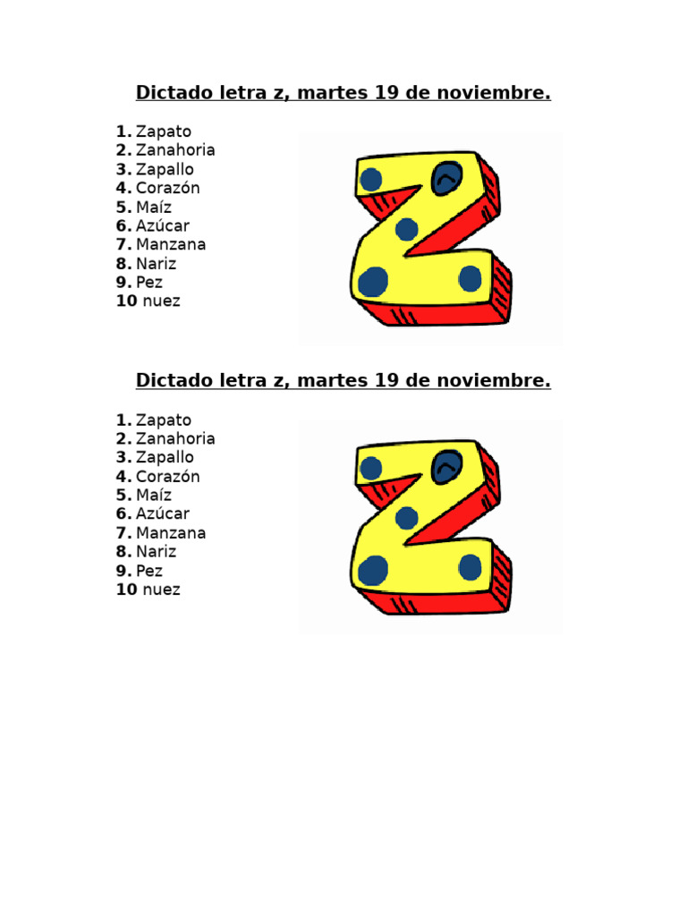 Dictado de palabras con Z para niños | PDF