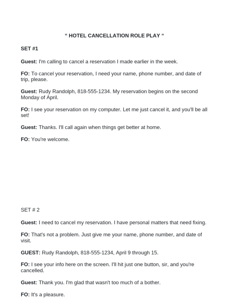 Hotel Cancellation Role Play | PDF
