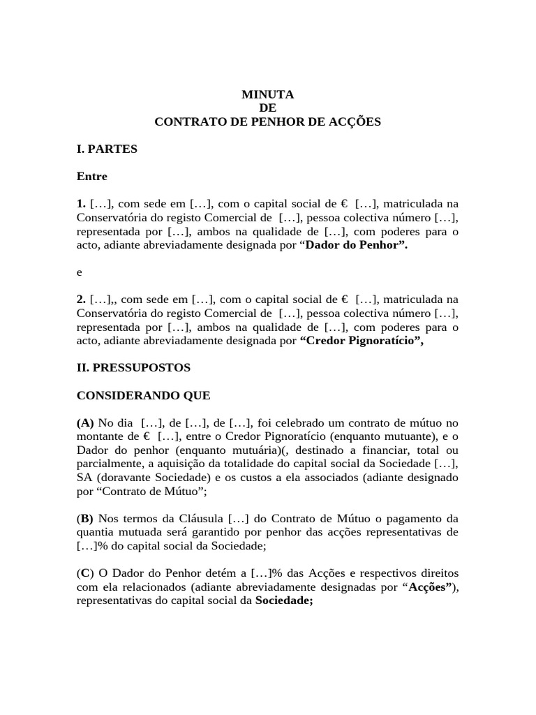 Minuta de Contrato de Penhor de Ações | PDF
