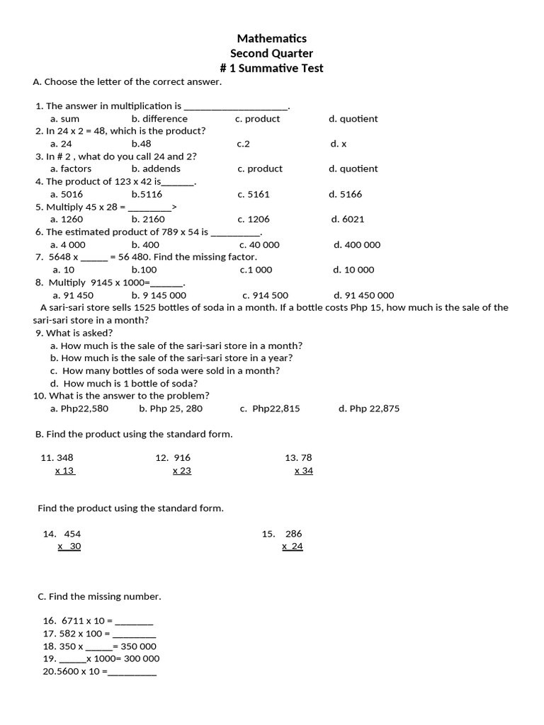 #1 Summative Test Q2 Math | PDF | Teaching Methods & Materials