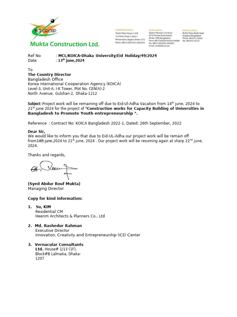 Eid Holiday Notice for KOICA Project | PDF | Business | Art