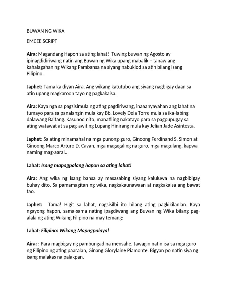 Buwan NG Wika Emcee Script | PDF
