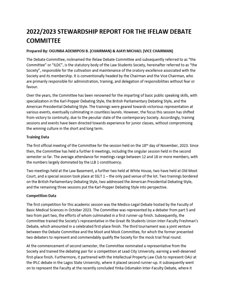 2022/2023 Ifelaw Debate Committee Report | PDF | Expense