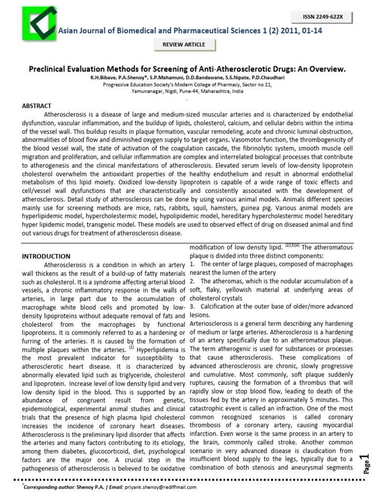 Preclinical Evaluation Methods For Screening of Antiatherosclerotic ...