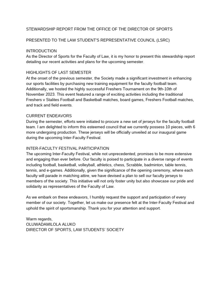 Law Faculty Sports Stewardship Report | PDF