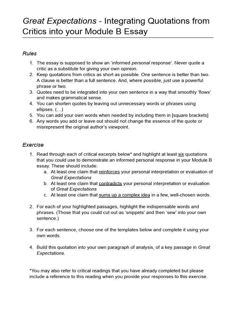 Integrating Critic Quotes in Module B Essays | PDF | Great Expectations ...